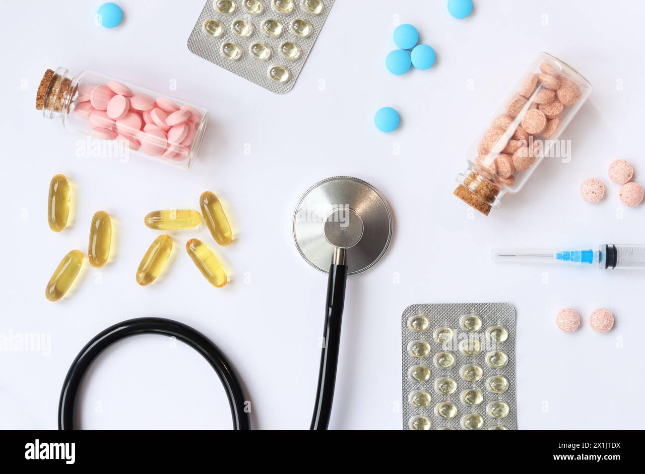 Stethoscope on a white background, top view. Medical instrument and ...