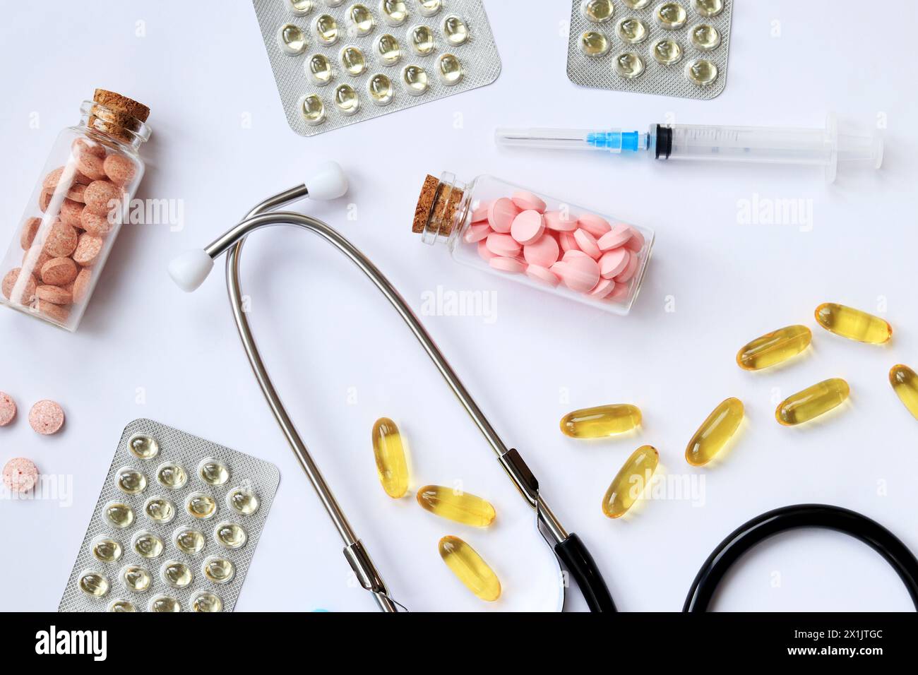 Stethoscope on a white background, top view. Medical instrument and ...