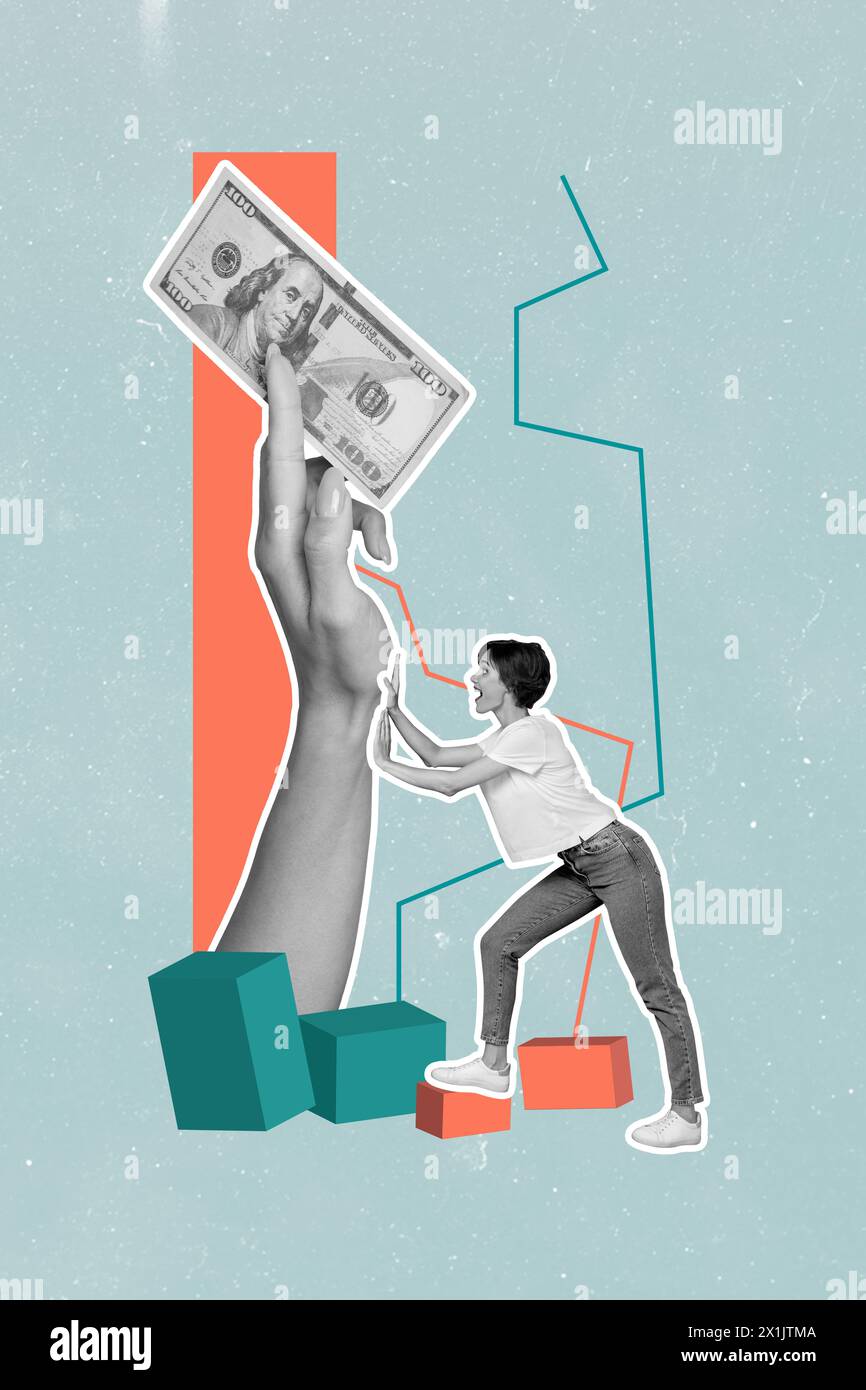 Vertical image collage of hand offer hundred dollar banknote astonished ...