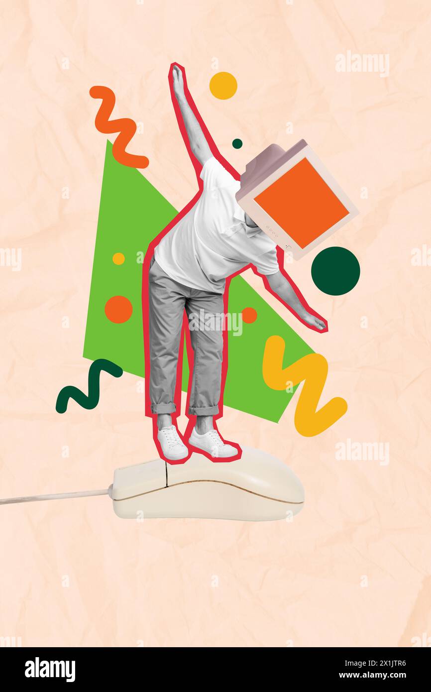 Vertical collage image of mini black white effect guy computer monitor ...