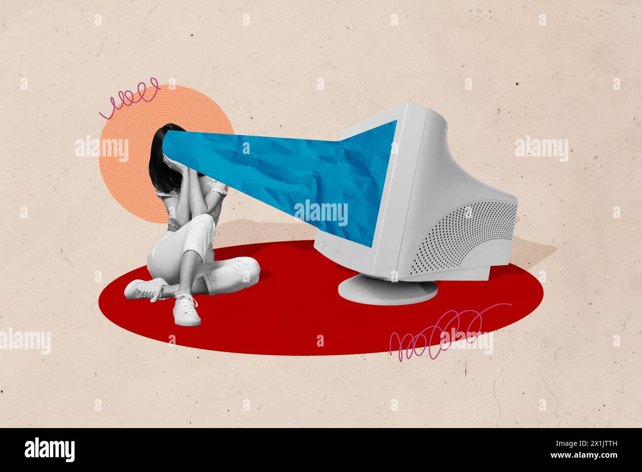 Creative photo collage picture young sitting girl zombie news internet ...