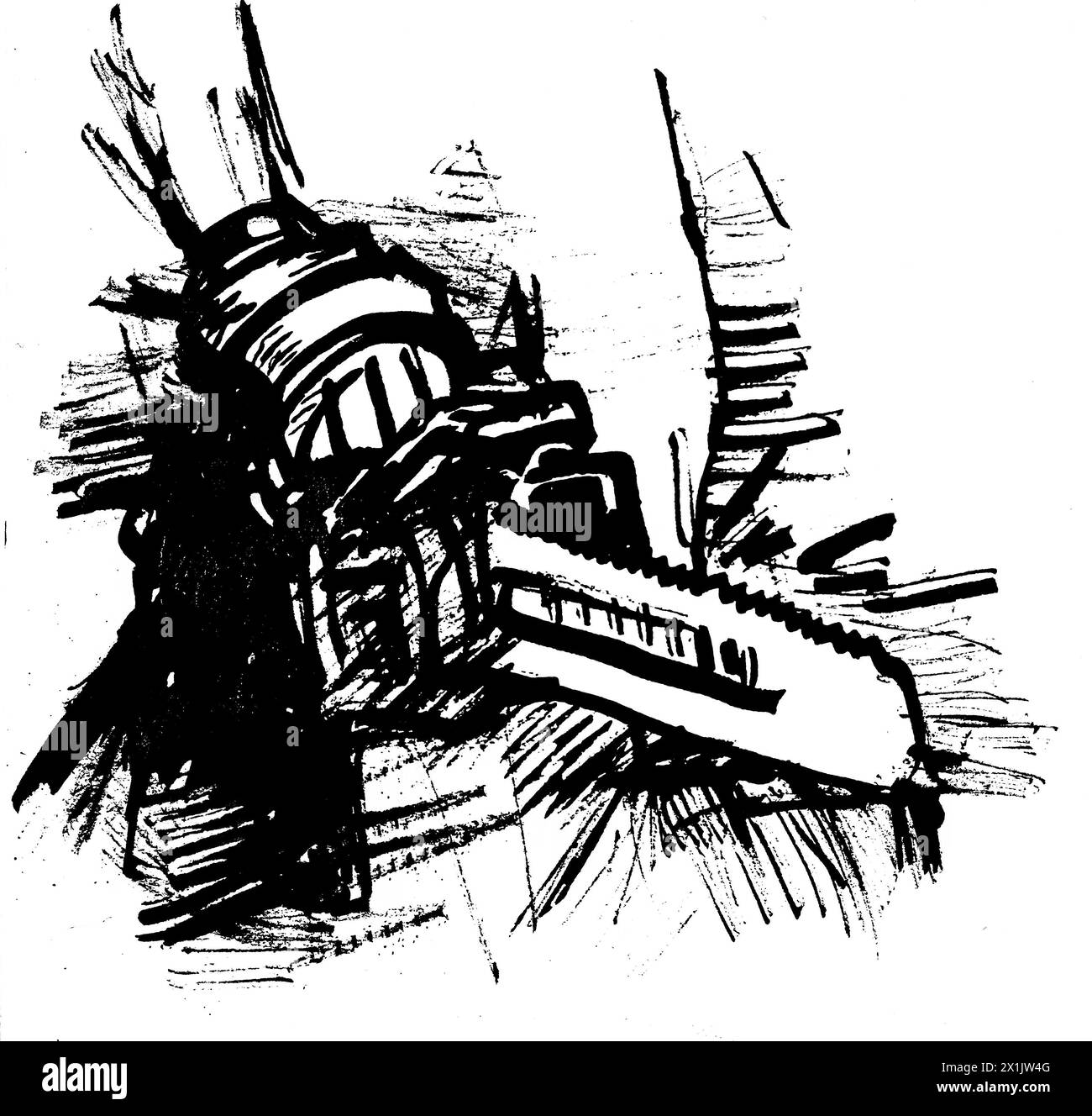 handmade black and white ink illustration of an arborist sawing a tree ...