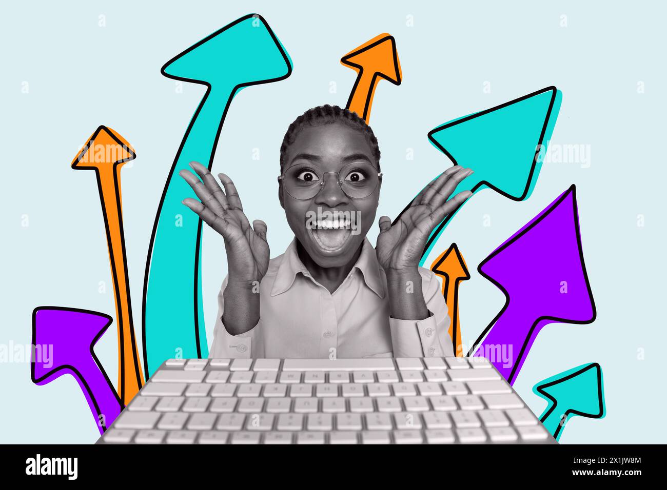 Composite photo collage of happy pretty american girl computer keyboard ...