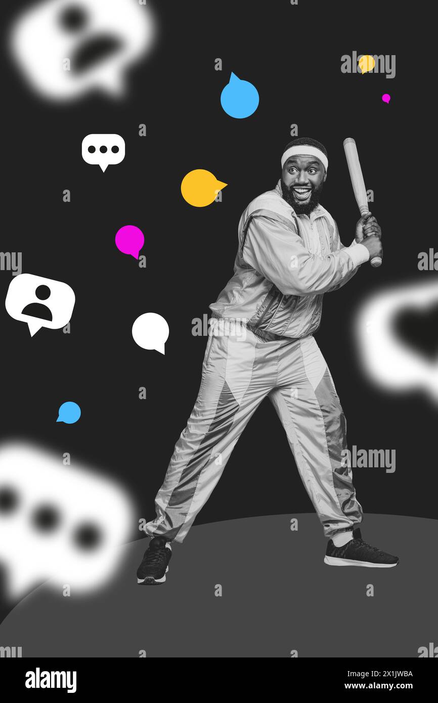 Vertical photo collage of happy amazed american guy baseball play bit ...