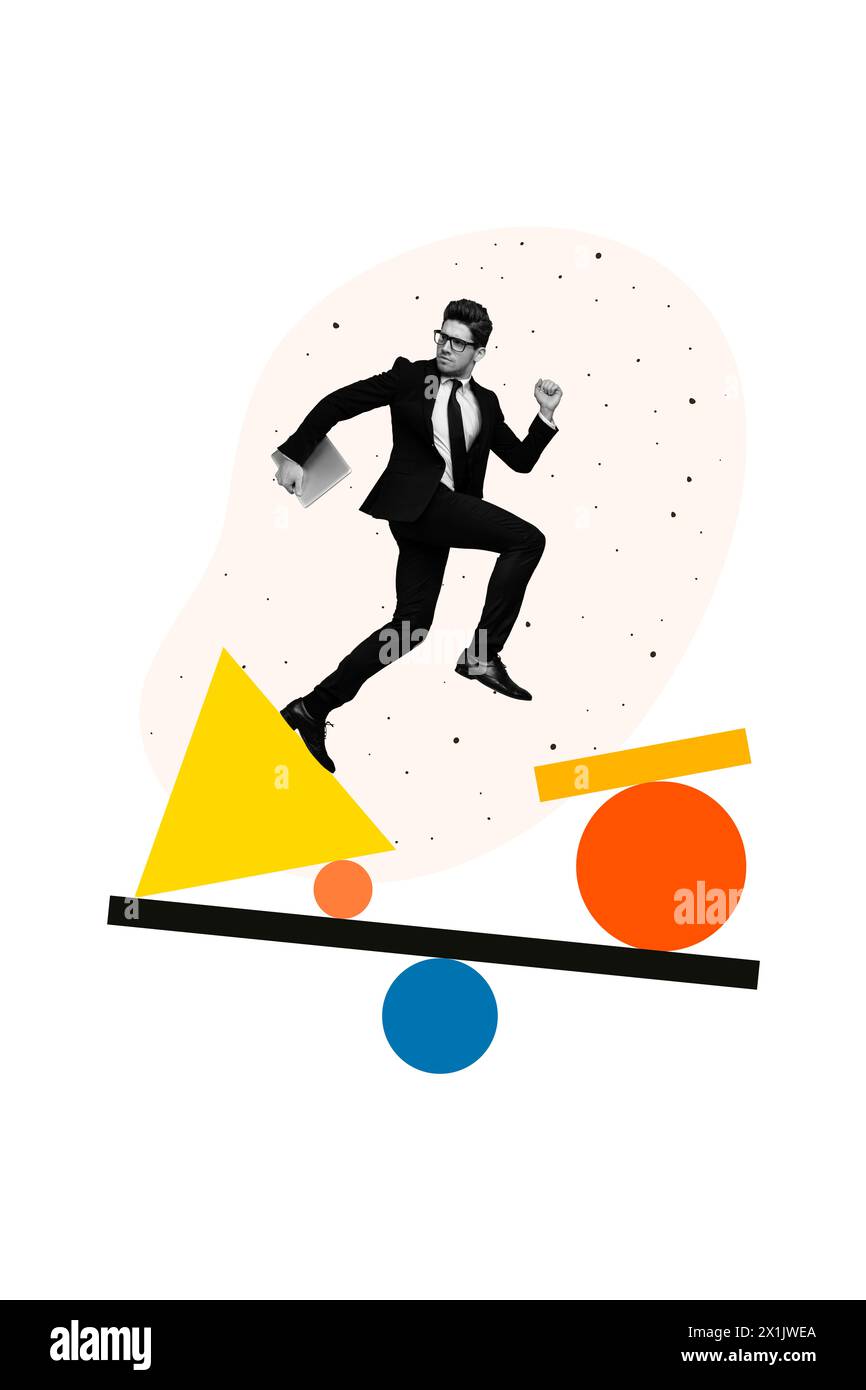 Vertical photo collage young running man hurry business project manager ...