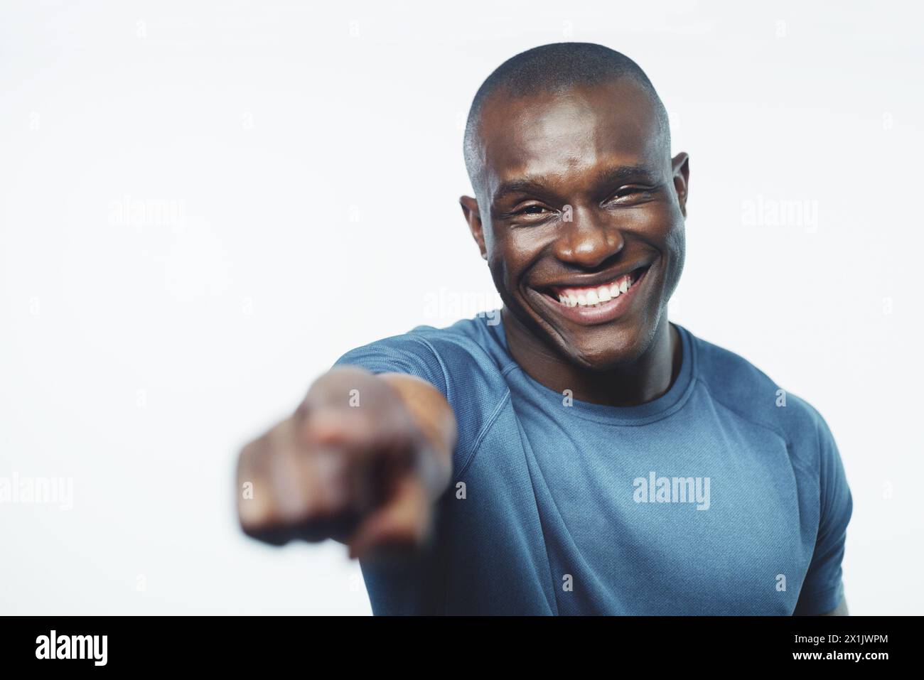 Happy, portrait and black man pointing to you with fitness for sign up ...