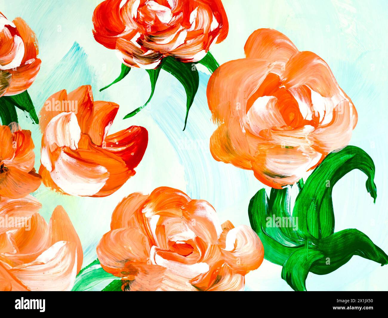 Abstract red and orange flowers, original hand drawn, impressionism ...