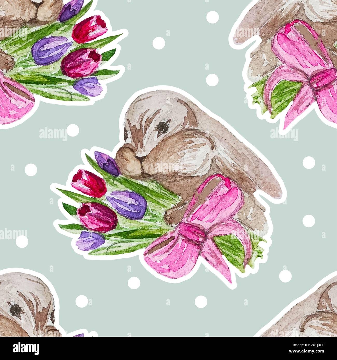 Spring pattern with hares flowers Watercolor vector Delicate fresh ...
