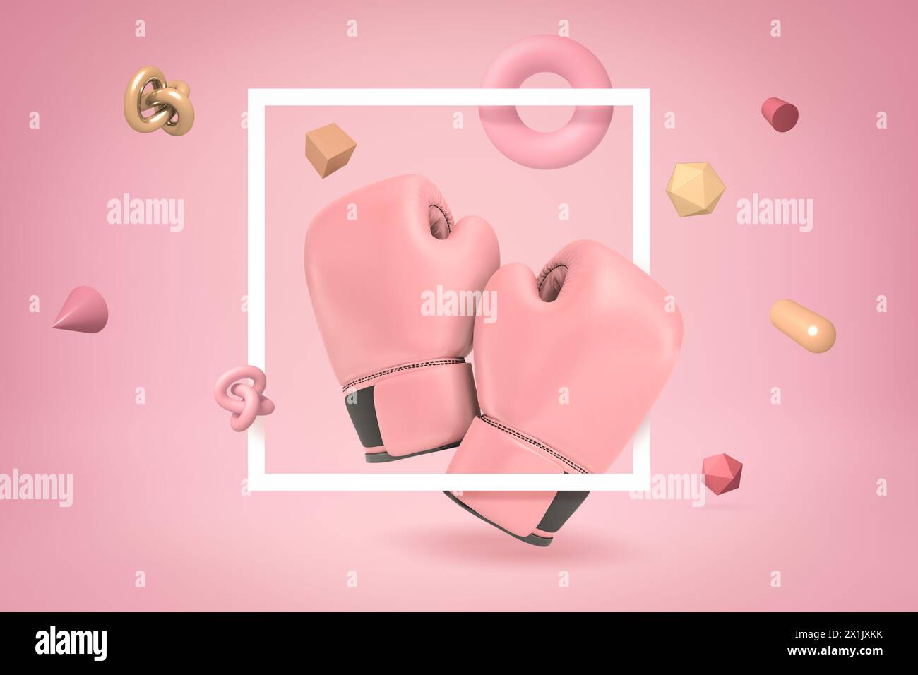 3d rendering of pink boxing gloves with random objects on pink ...