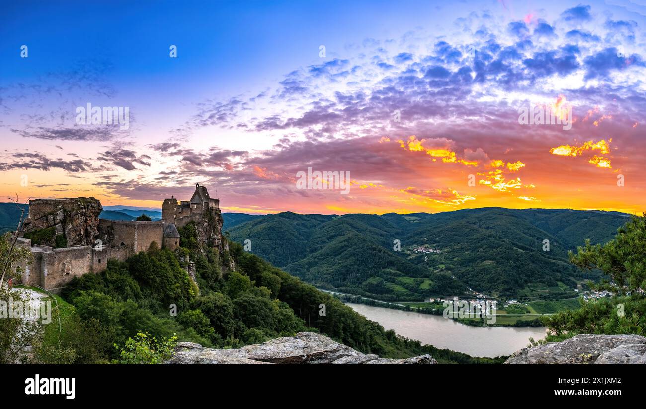 Wachau valley and Danube river. Aggstein medieval castle. Austrian ...