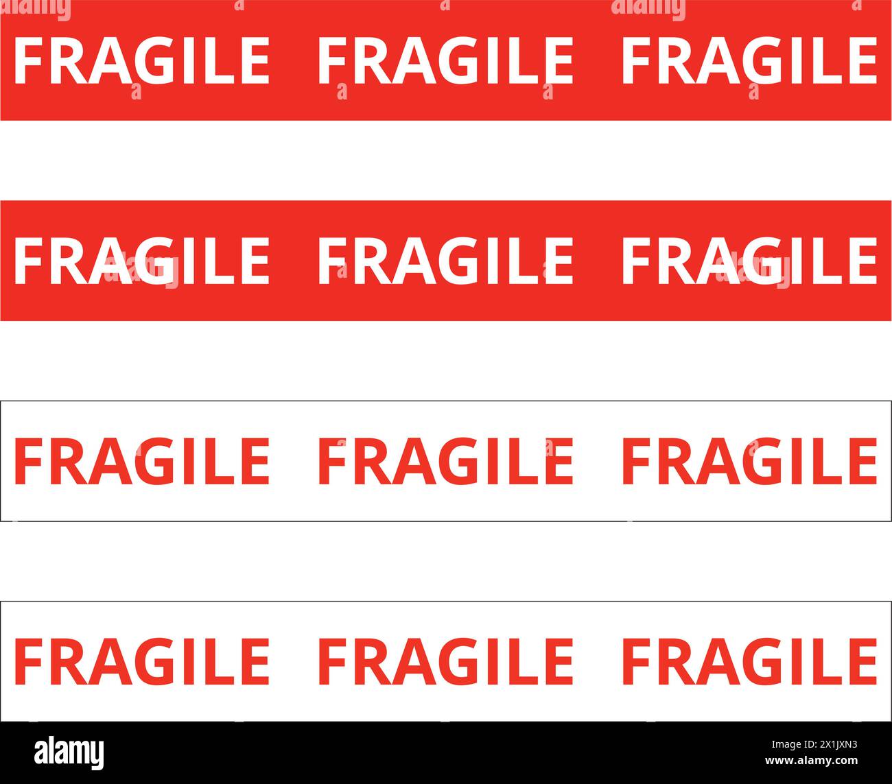 Red and white banners with fragile word in the shape of a packing tape ...