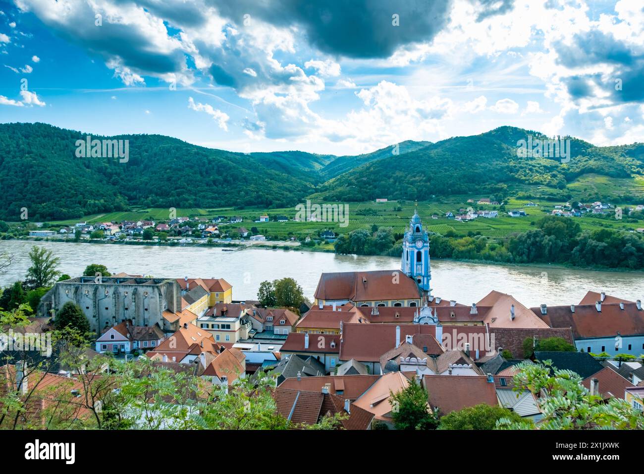 Panorama of Wachau valley with Danube river near Duernstein village in ...