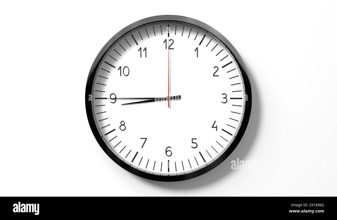 Time at quarter to 9 o clock - classic analog clock on white background ...