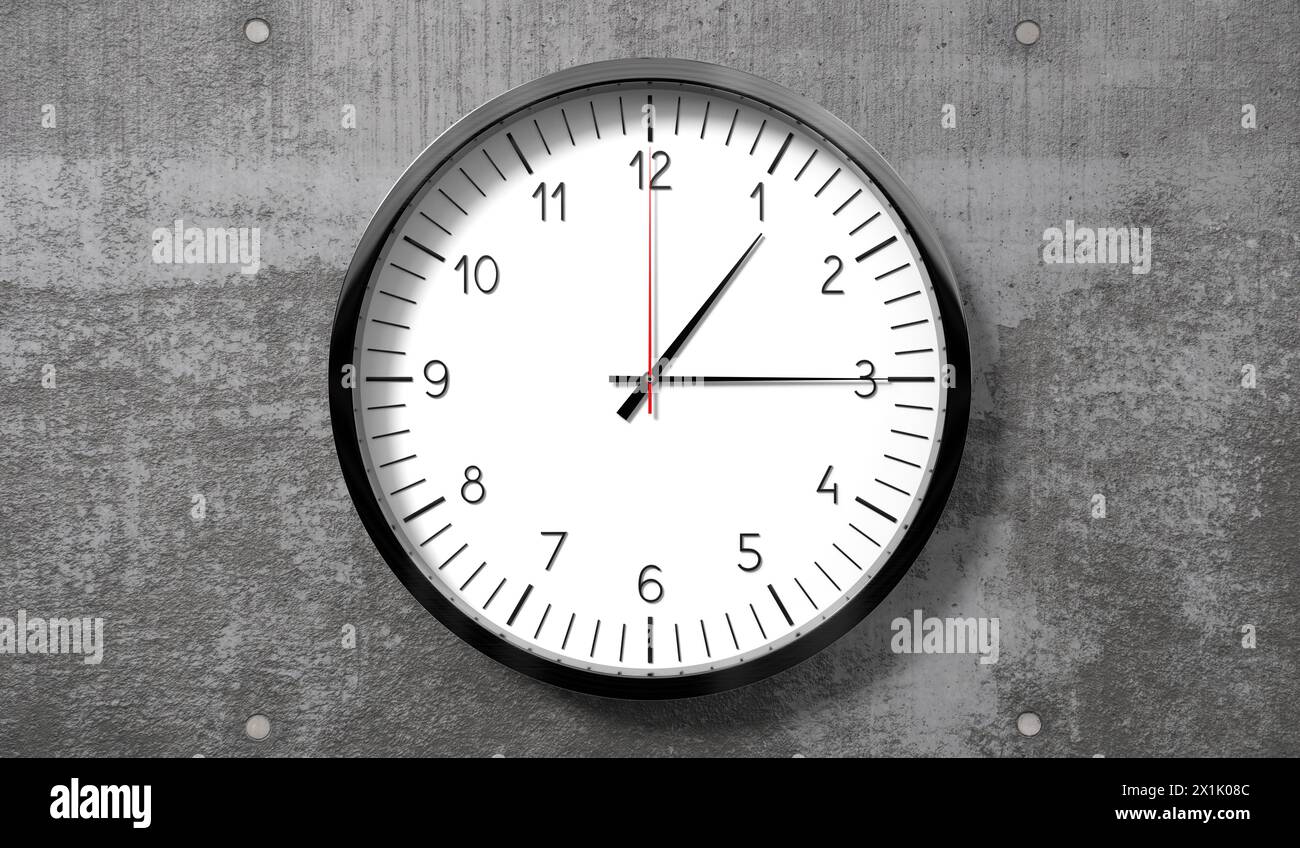 Time at quarter past 1 o clock - classic analog clock on rough concrete ...