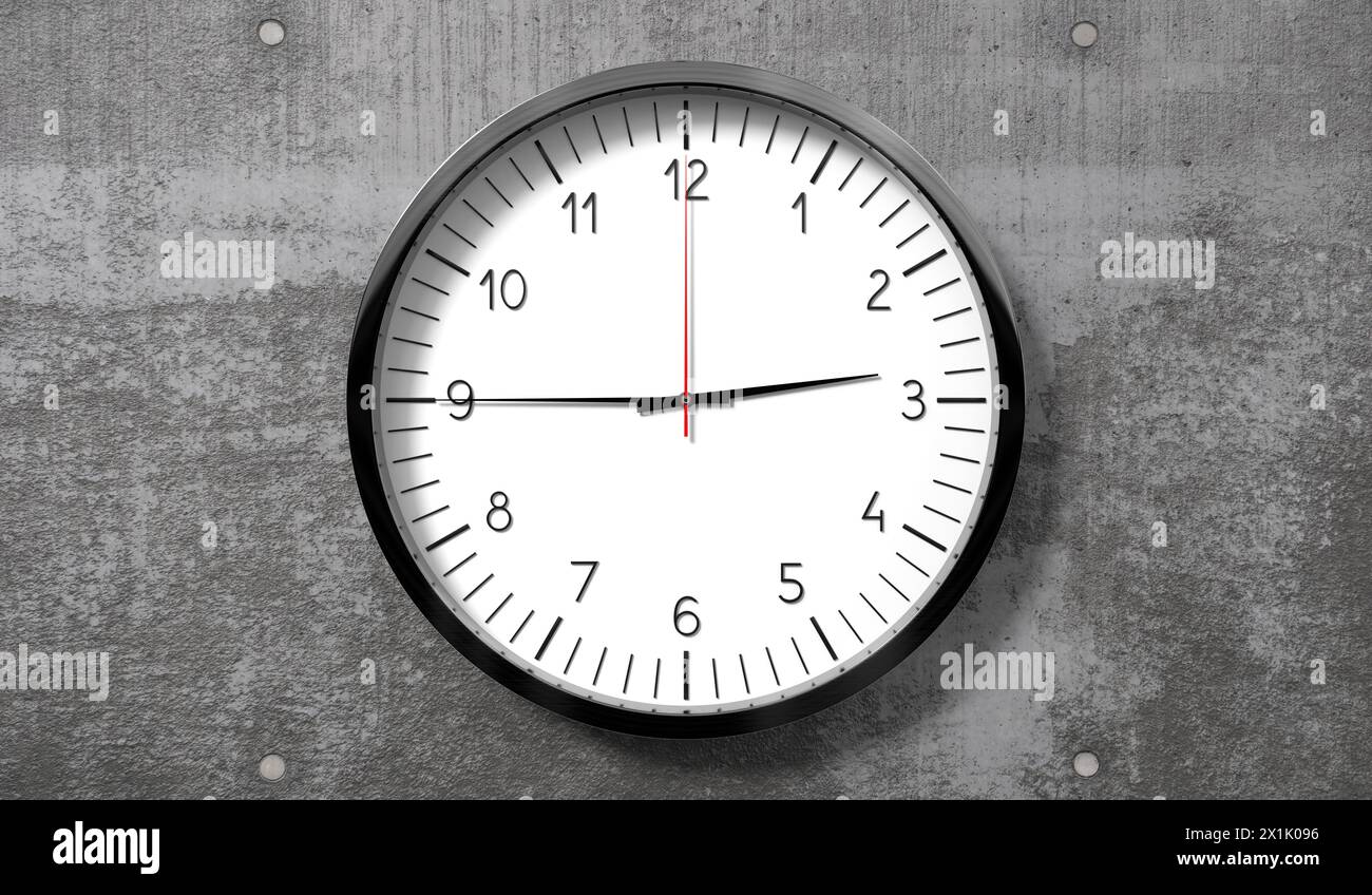 Time at quarter to 3 o clock - classic analog clock on rough concrete ...