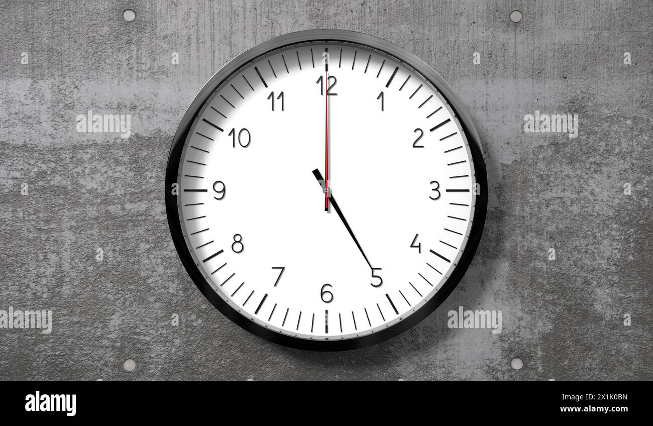 Time at 5 o clock - classic analog clock on rough concrete wall - 3D ...