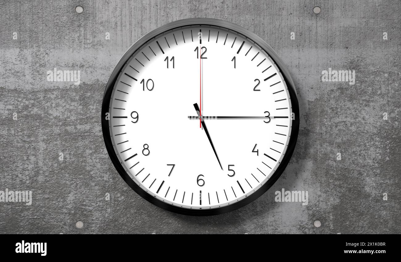Time at quarter past 5 o clock - classic analog clock on rough concrete ...