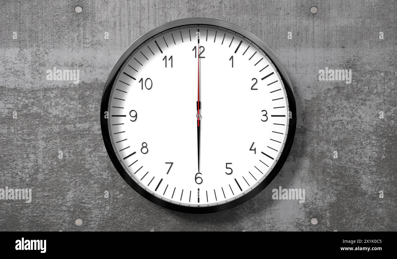 Time at 6 o clock - classic analog clock on rough concrete wall - 3D ...