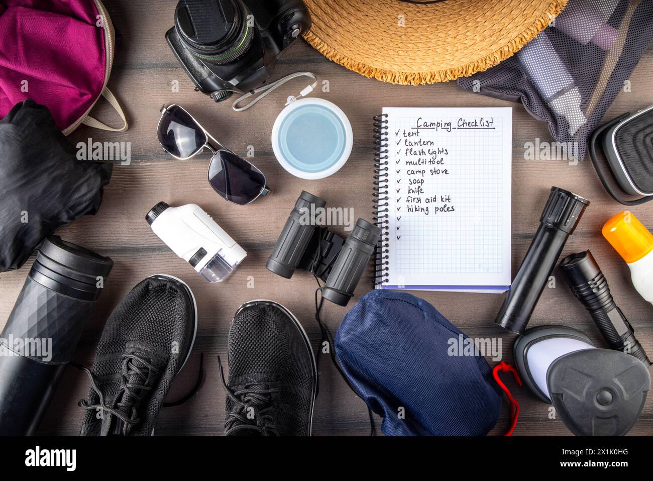 Camping checklist with various camp equipment. List of things for ...