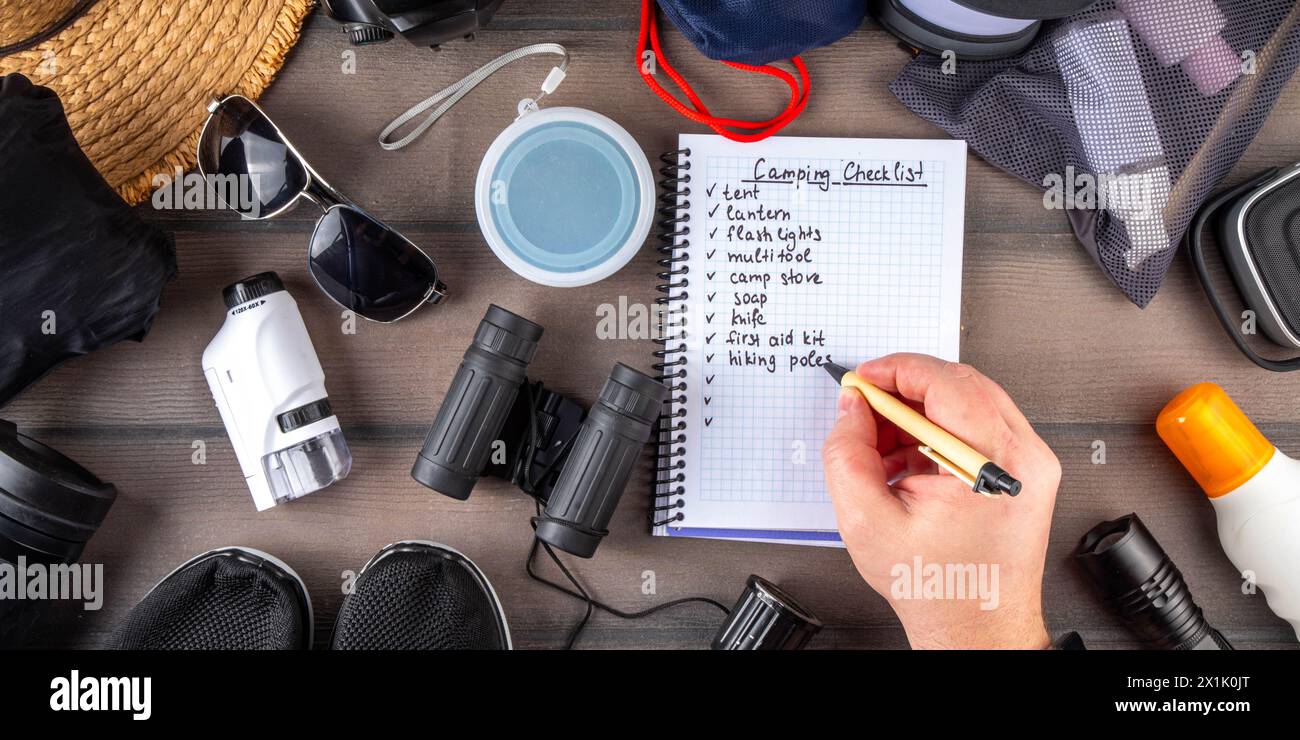 Camping checklist with various camp equipment. List of things for ...