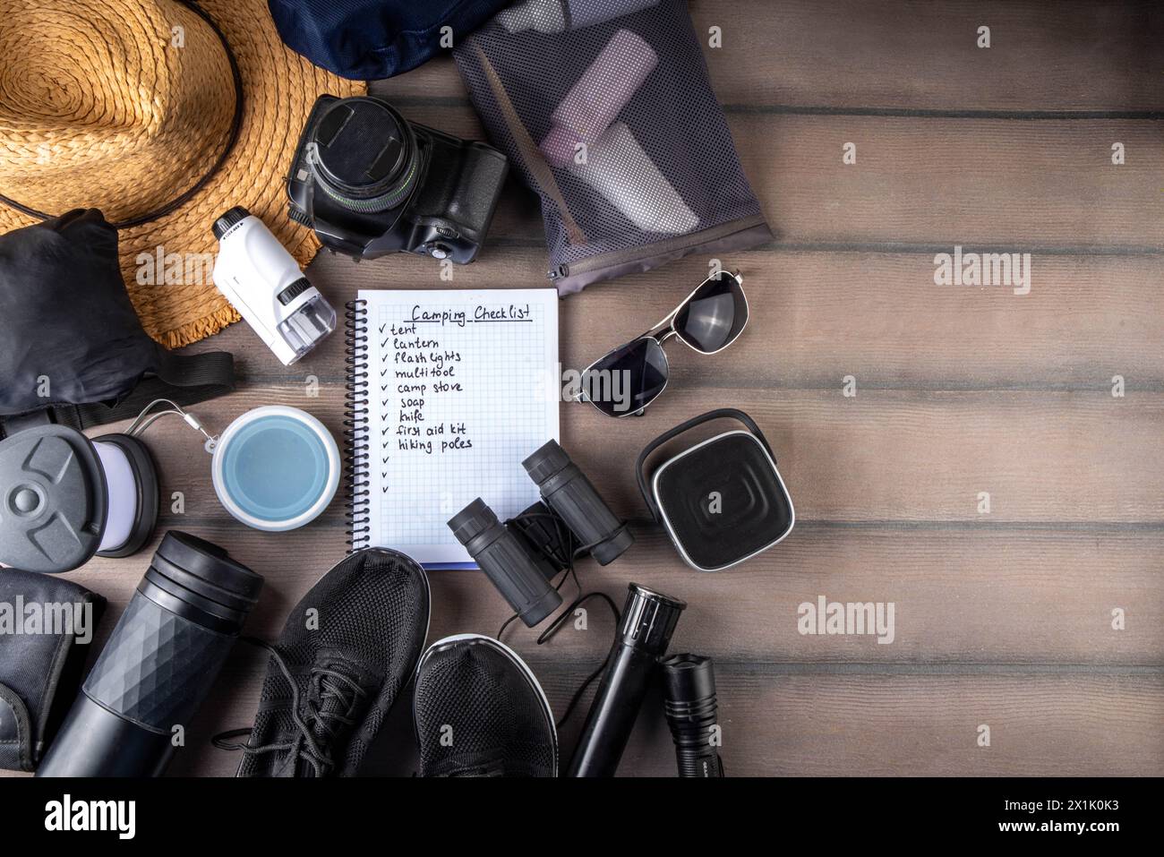 Camping checklist with various camp equipment. List of things for ...