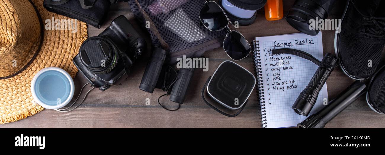Camping checklist with various camp equipment. List of things for ...