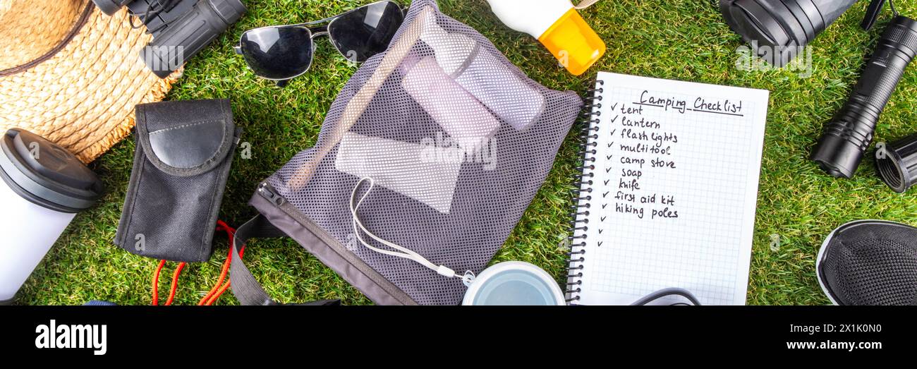Camping checklist with various camp equipment. List of things for ...