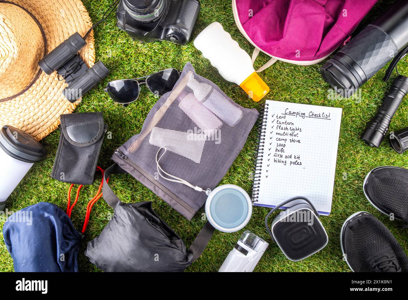 Camping checklist with various camp equipment. List of things for ...