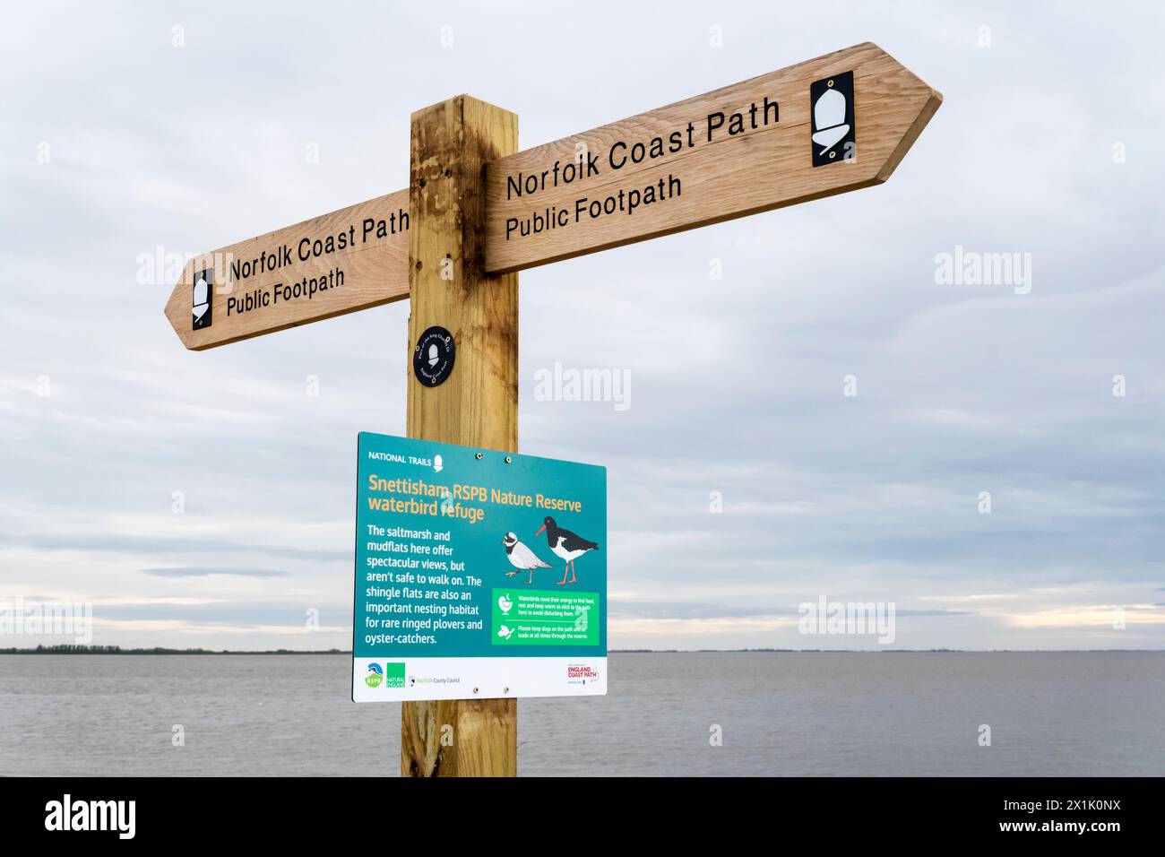 A sign for the Norfolk Coast Path at Snettisham RSPB Nature Reserve on ...