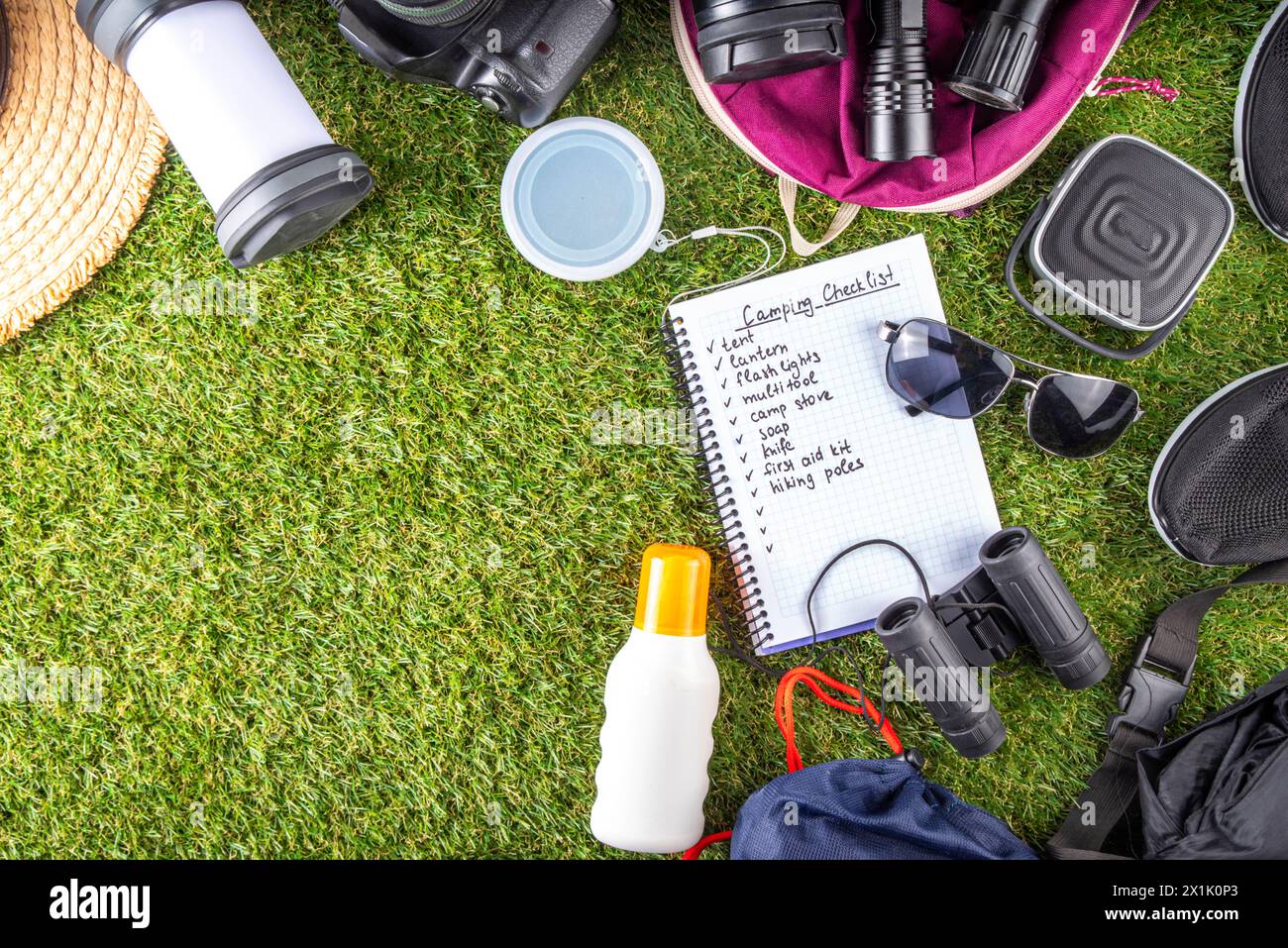 Camping checklist with various camp equipment. List of things for ...