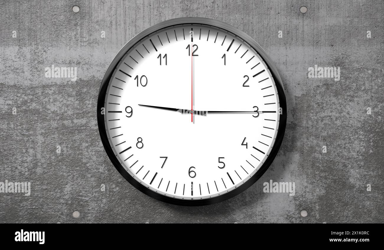 Time at quarter past 9 o clock - classic analog clock on rough concrete ...