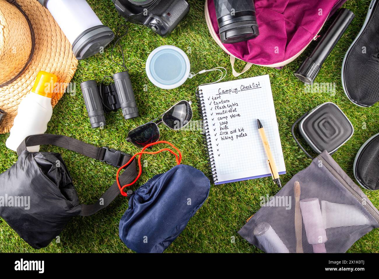 Camping checklist with various camp equipment. List of things for ...