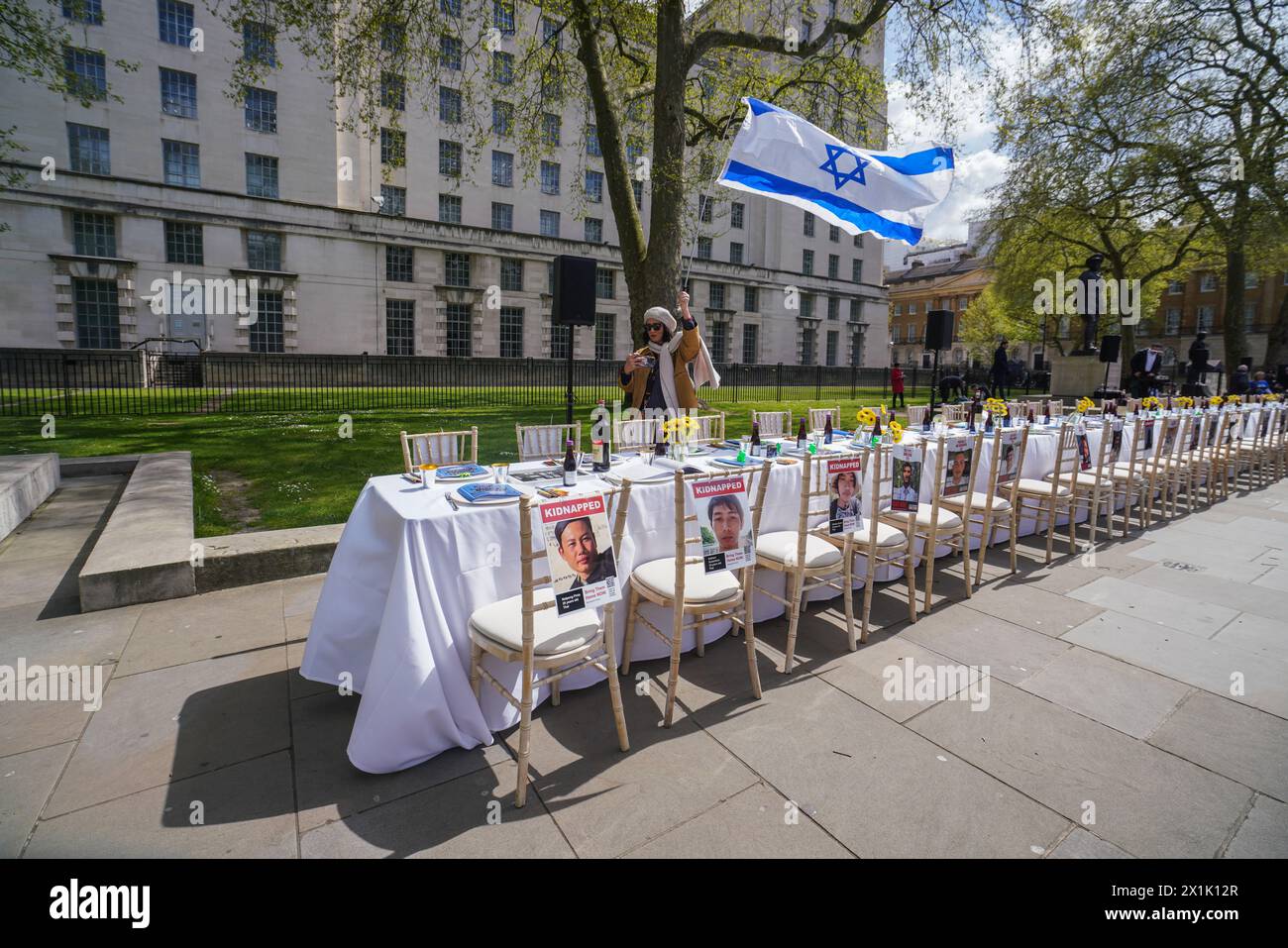 London 17 April 2024 . Empty tables are set up in Whitehall opposite ...