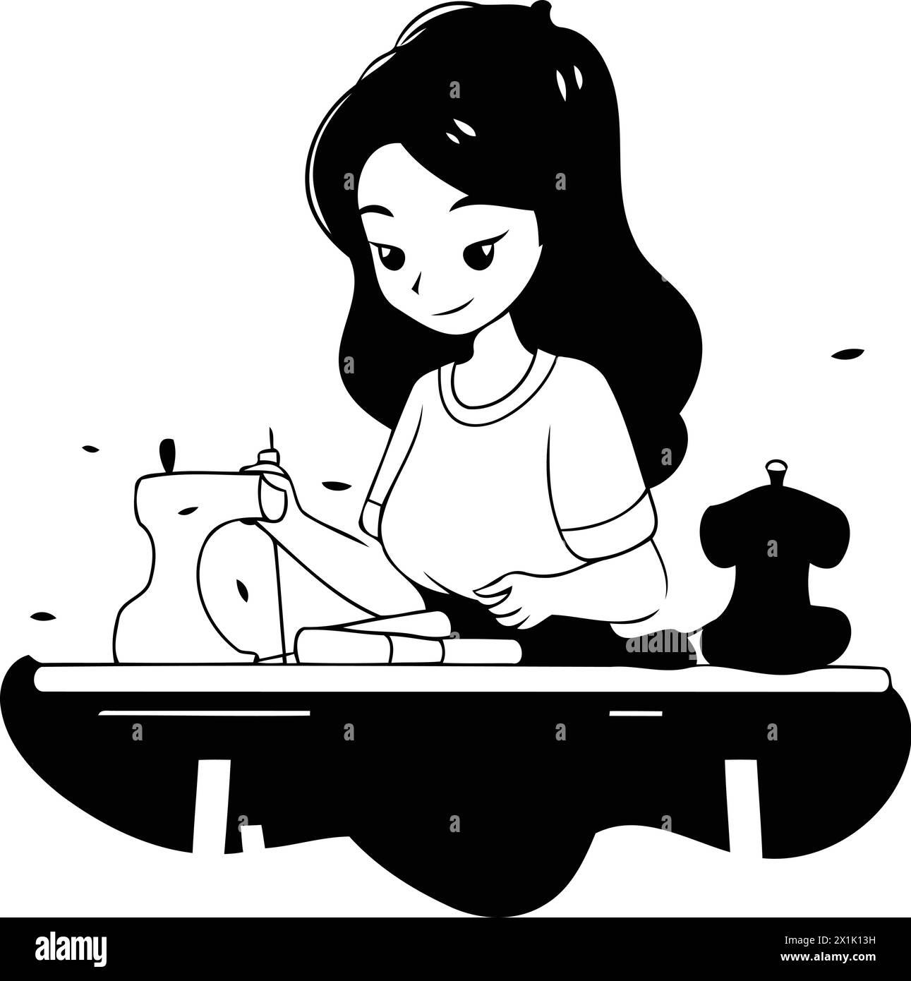 Girl Seamstress Working With Sewing Machine Vector Illustration In