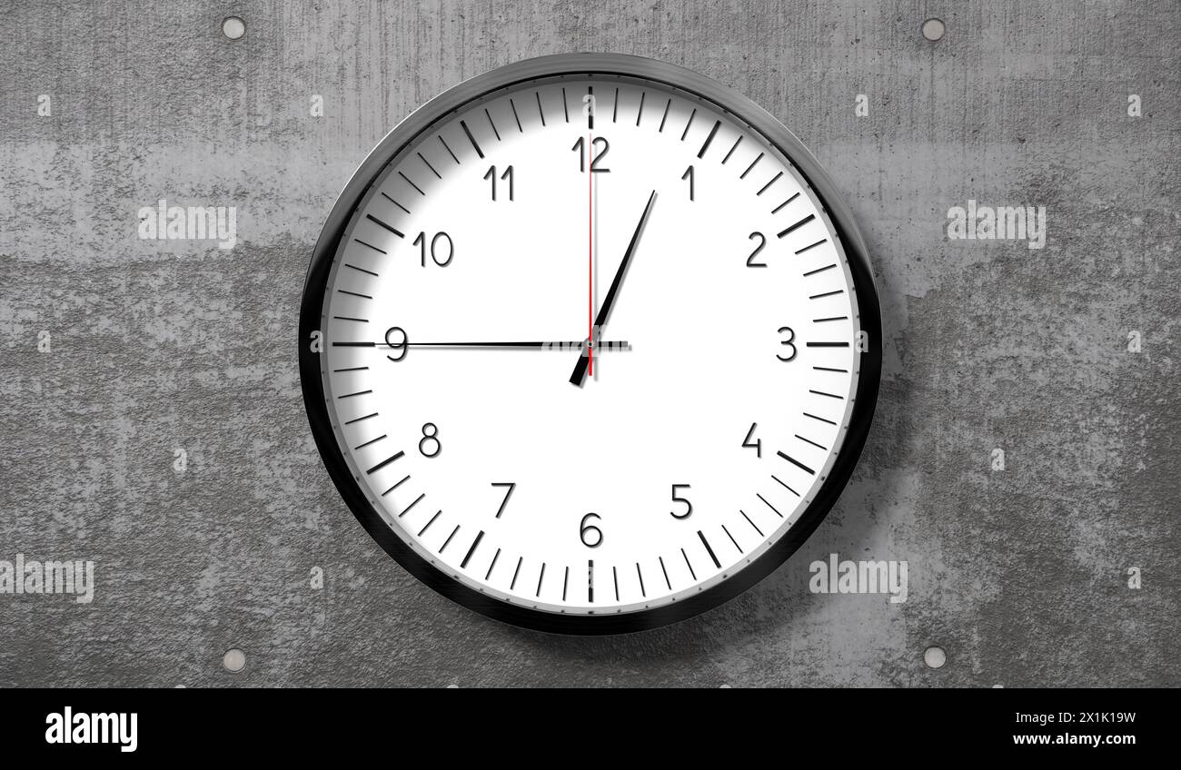 Time at quarter to 1 o clock - classic analog clock on rough concrete ...