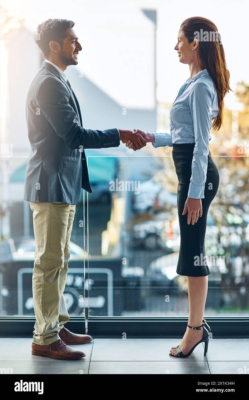 Business people, office and shaking hands for introduction, hello and ...