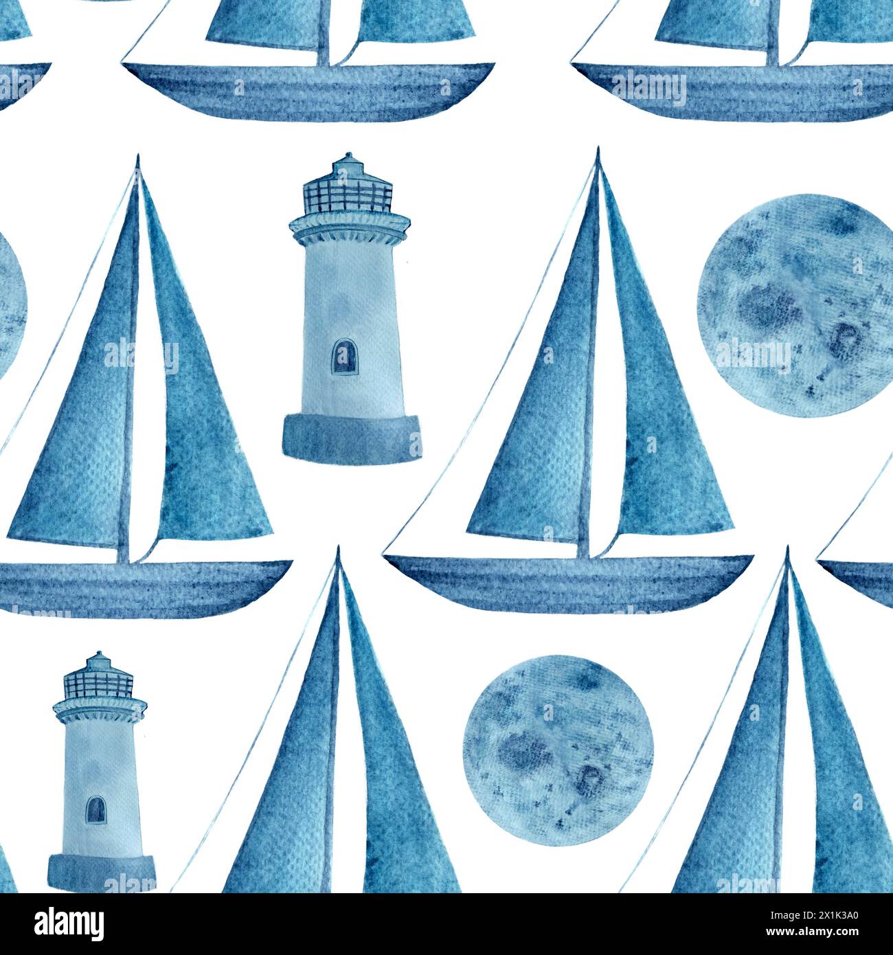 Sailboat, lighthouse, moon seamless pattern hand drawn in watercolor ...