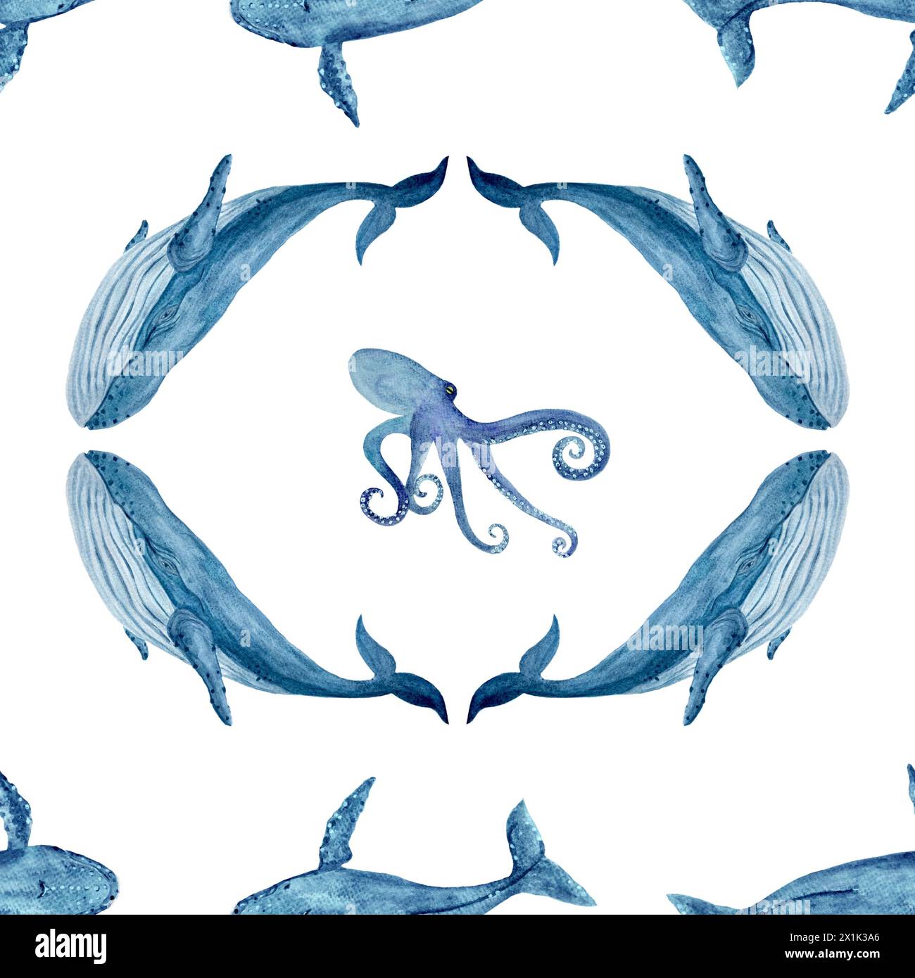 Blue whale octopus seamless pattern in watercolor isolated on white ...
