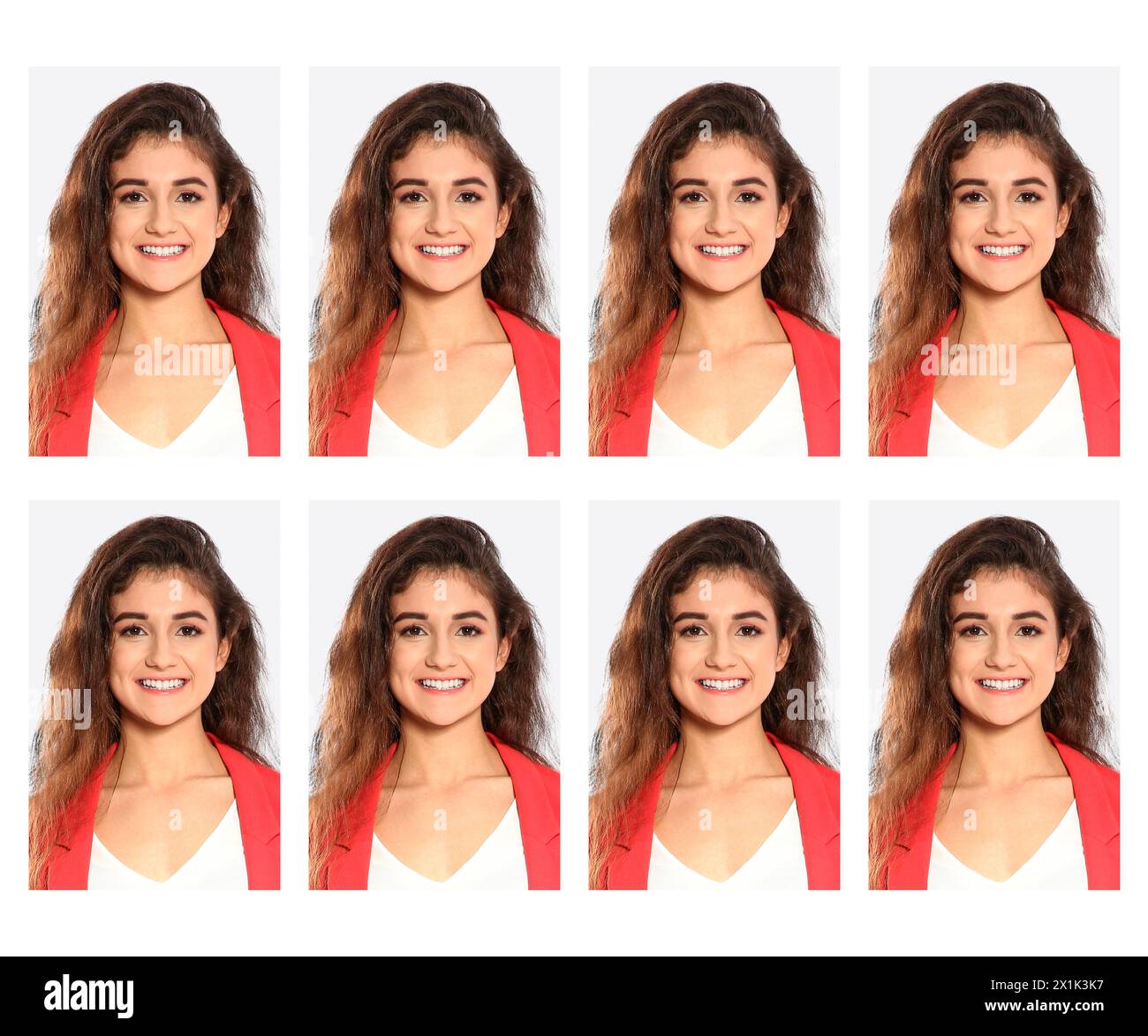 Passport photo, collage. Woman on white background, set of photos Stock ...