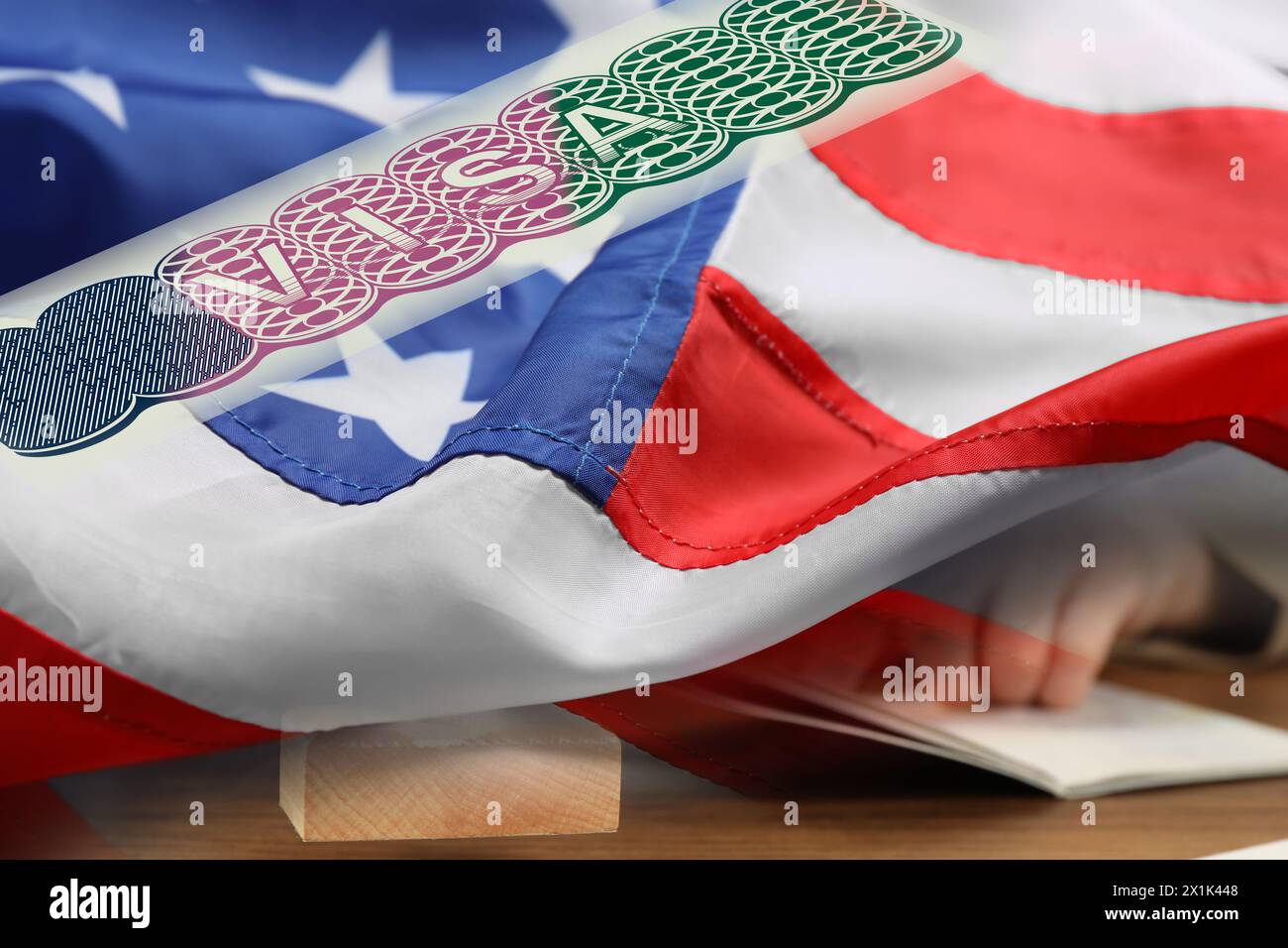 Visa to United States of America, multiple exposure with national flag ...