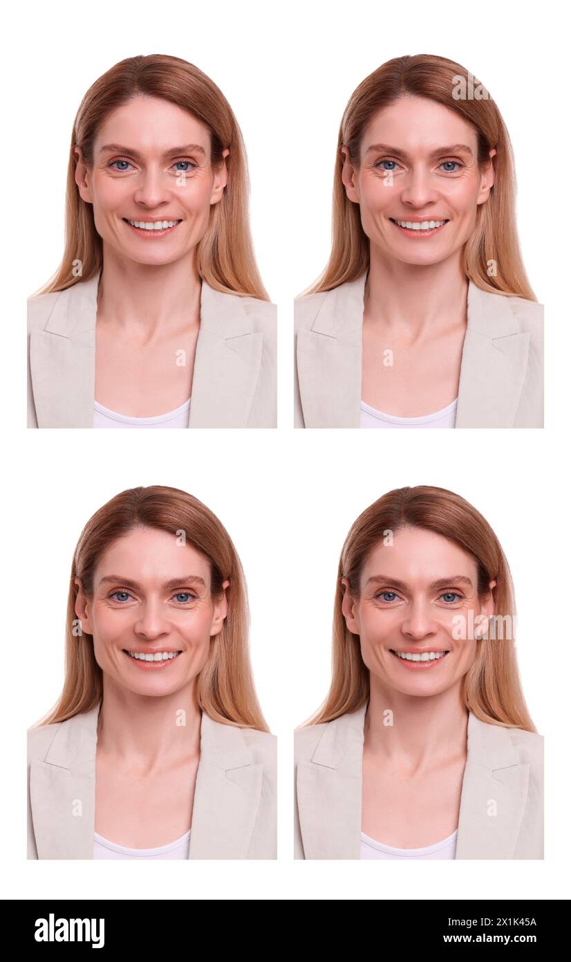 Passport photo, collage. Woman on white background, set of photos Stock ...