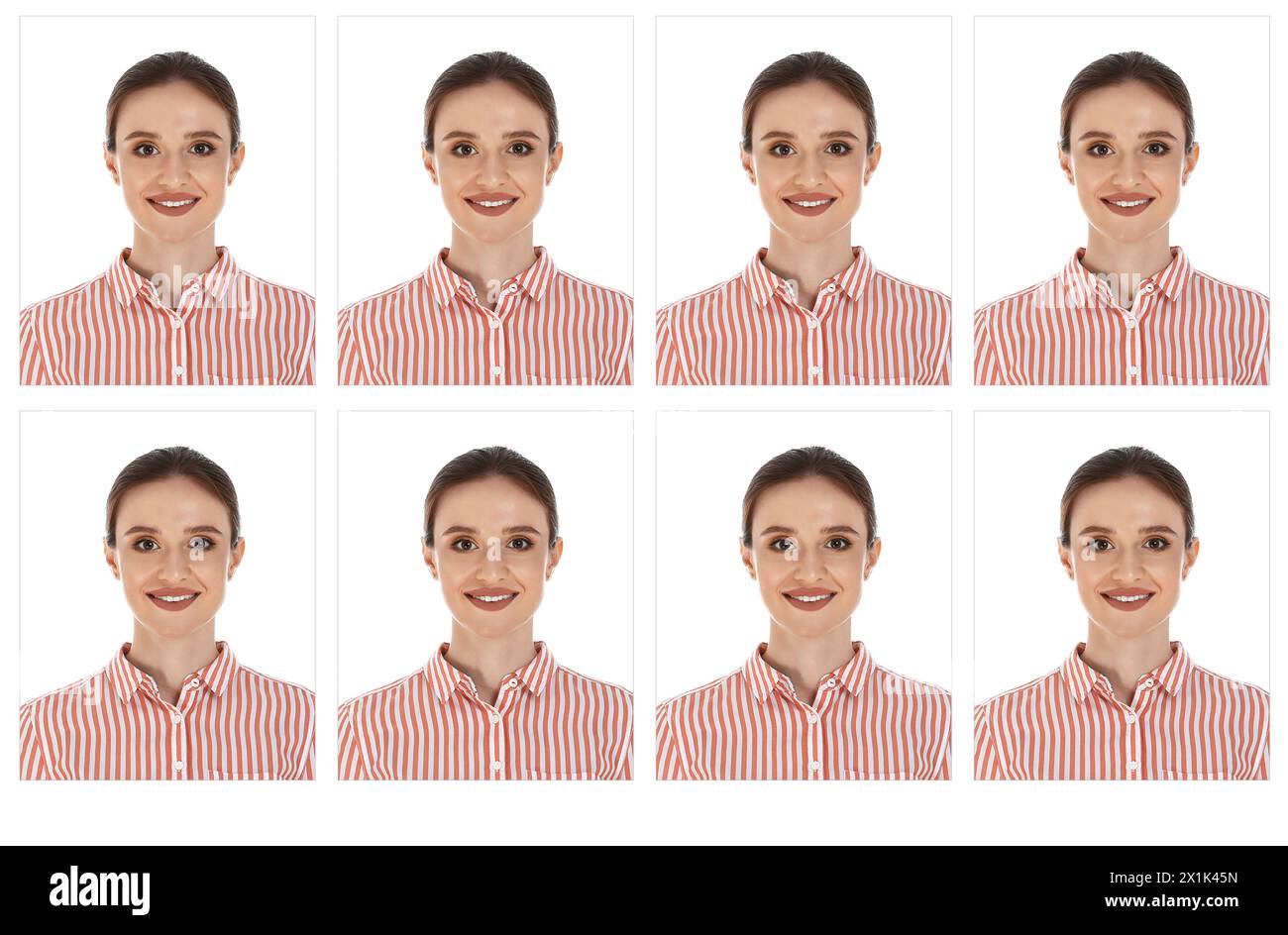 Passport photo, collage. Woman on white background, set of photos Stock ...