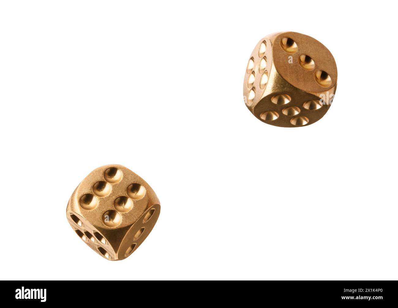 Two golden dice in air on white background Stock Photo - Alamy