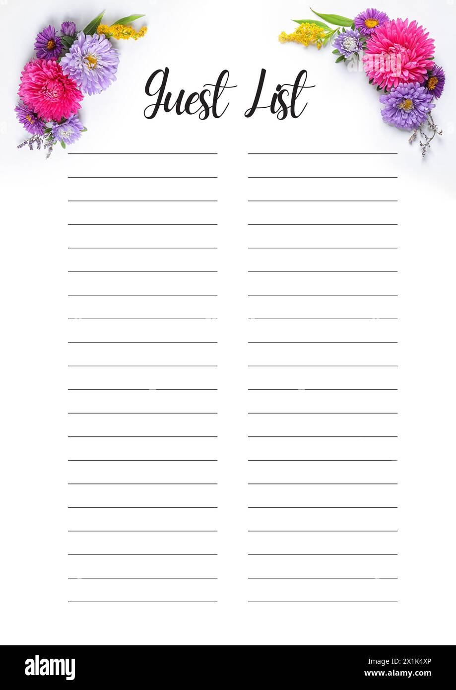 Guest list design with beautiful flowers and empty lines Stock Photo ...