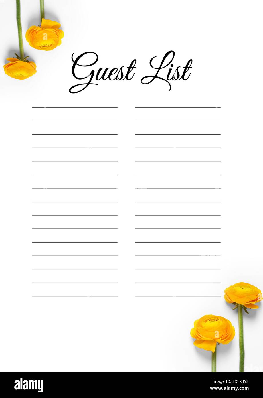 Guest list design with beautiful flowers and empty lines Stock Photo ...