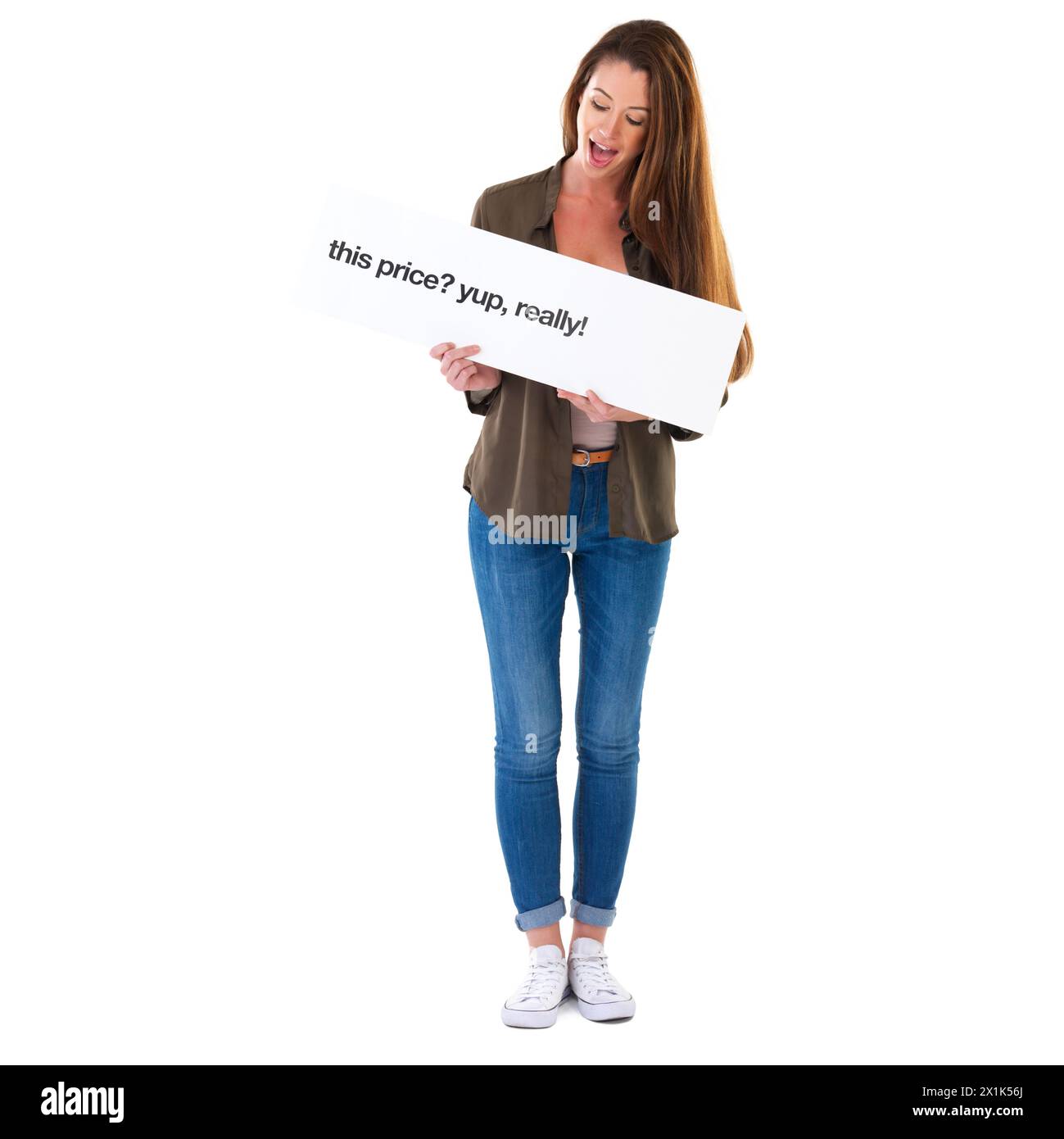 Woman, sign and sale poster with shock for low prices on white ...