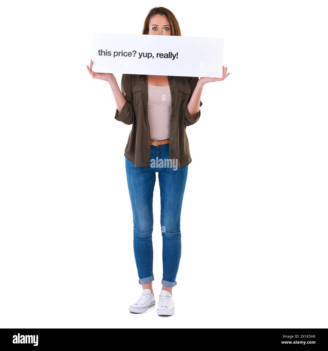 Woman, portrait and sale poster for discount prices on white background ...