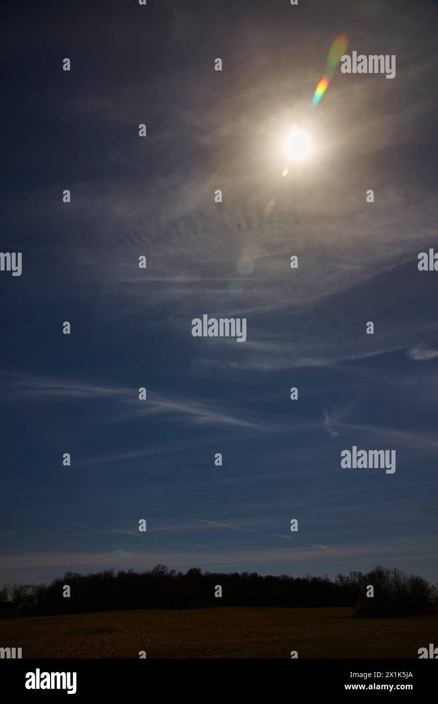 Rural Sunset Lens Flare with Cirrus Clouds, Indiana Countryside Stock ...
