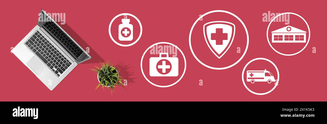 Top view of laptop with symbol of emergency concept Stock Photo - Alamy