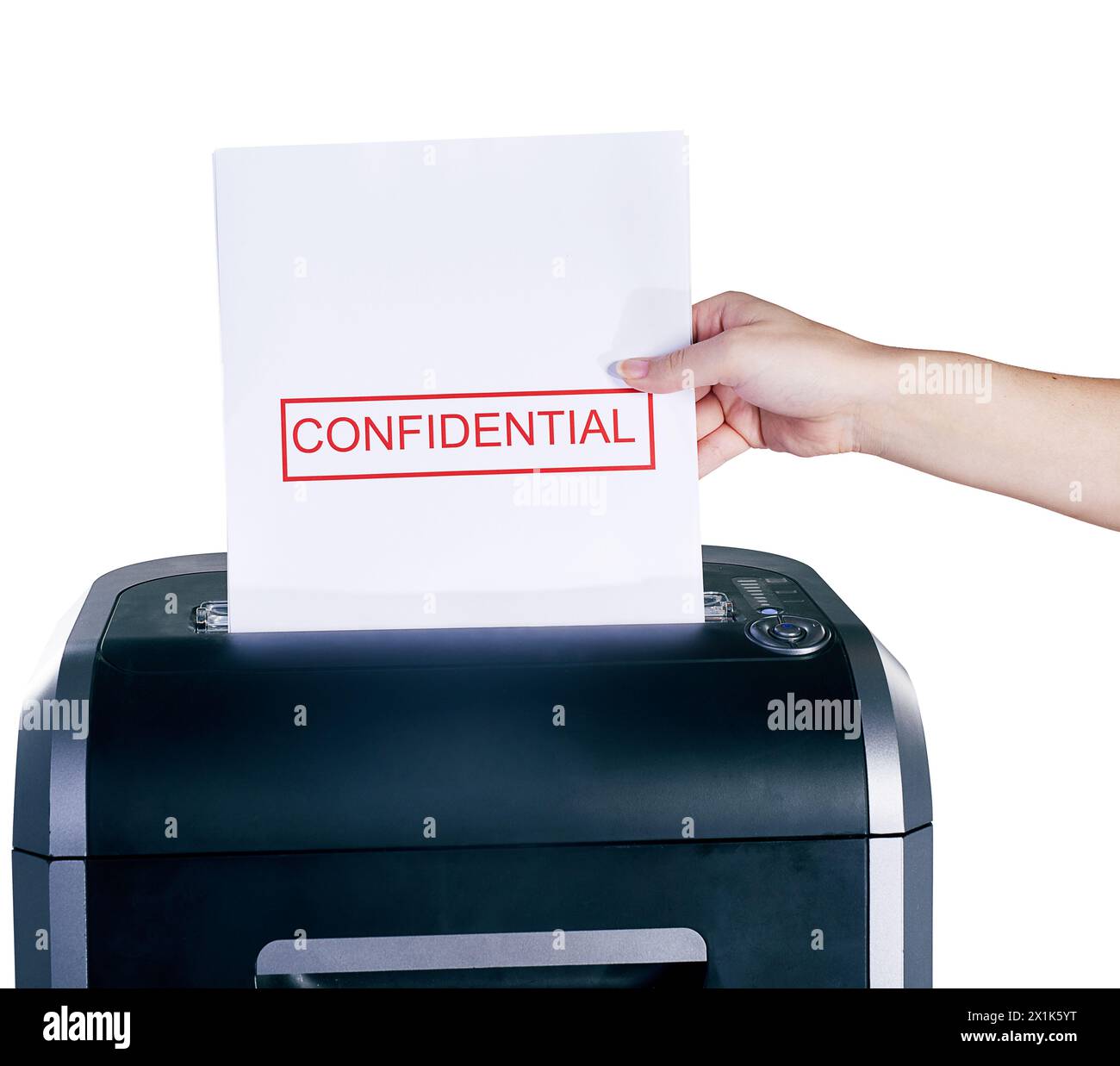 Confidential documents, hand and shredder in studio isolated on white ...